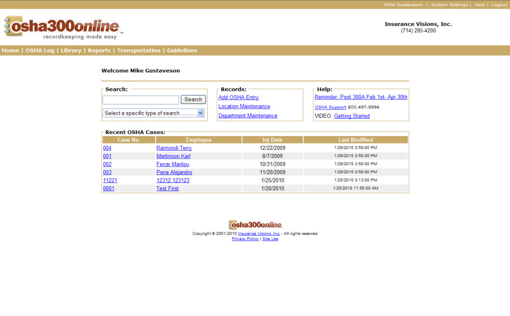 osha300online - Sample Screenshots for OSHA 300 Log Management